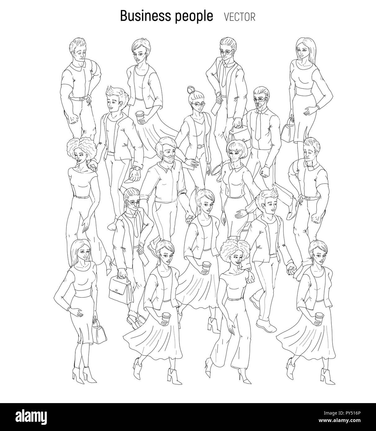 People crowd. Sketch outline black and white style illustration of ...