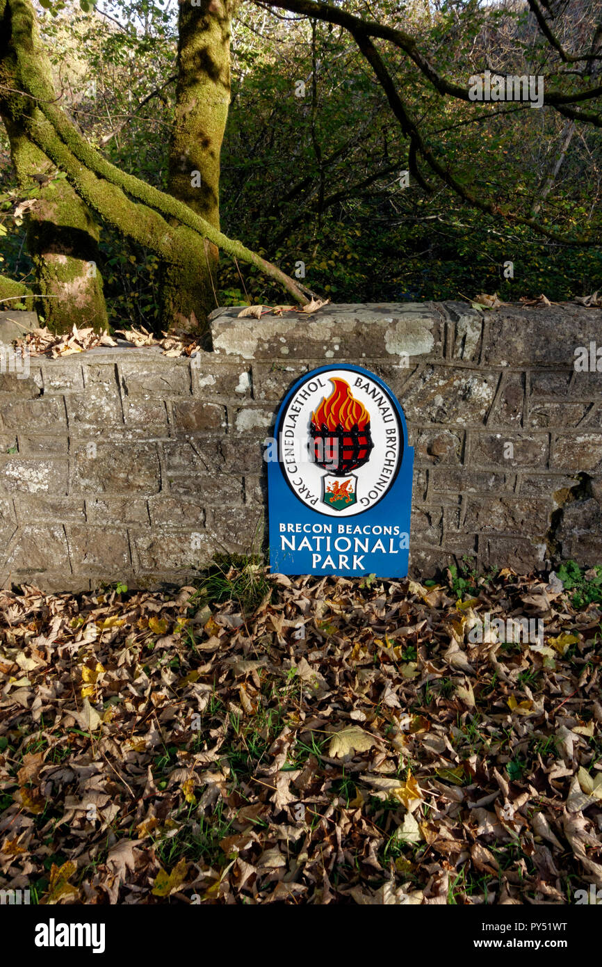 Brecon Beacons National Park sign, Pontsarn near Merthyr Tydfil, Wales ...