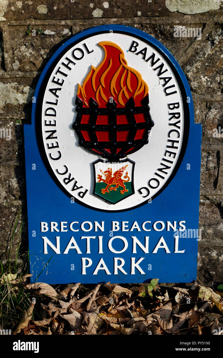 Brecon Beacons National Park sign, Pontsarn near Merthyr Tydfil, Wales ...