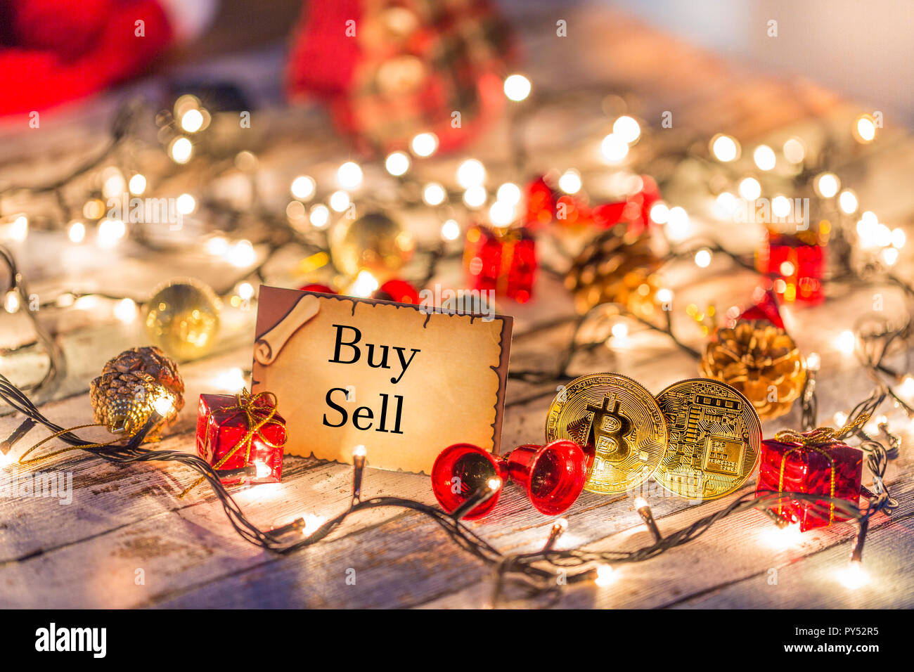 Two golden bitcoins with greeting card on christmas background Stock ...