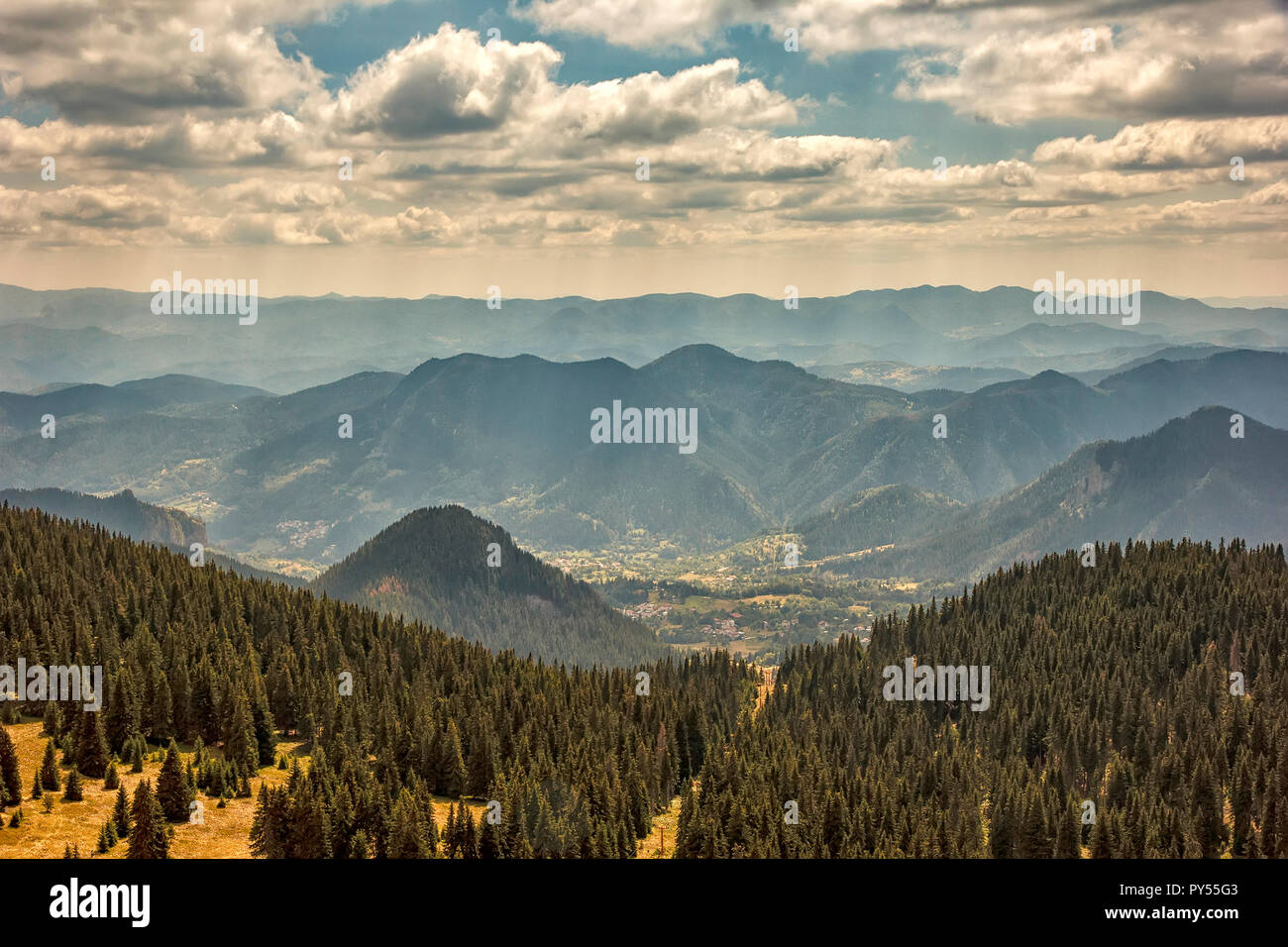 Mountain landscape. Panoramic view from top to a mountain and valley ...