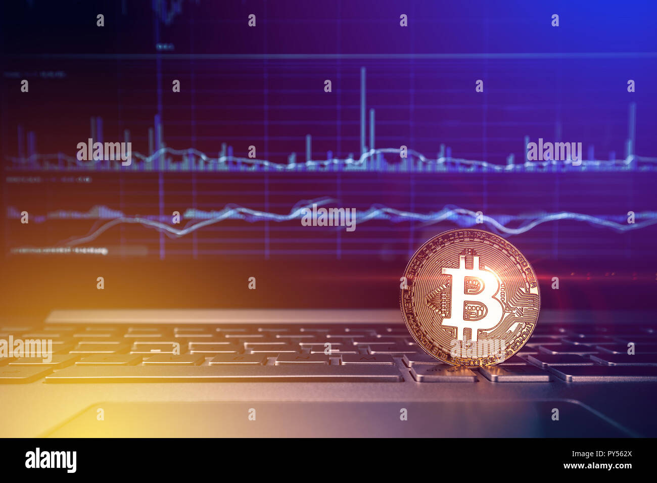 Bitcoins and New Virtual money concept, chart on background Stock Photo ...