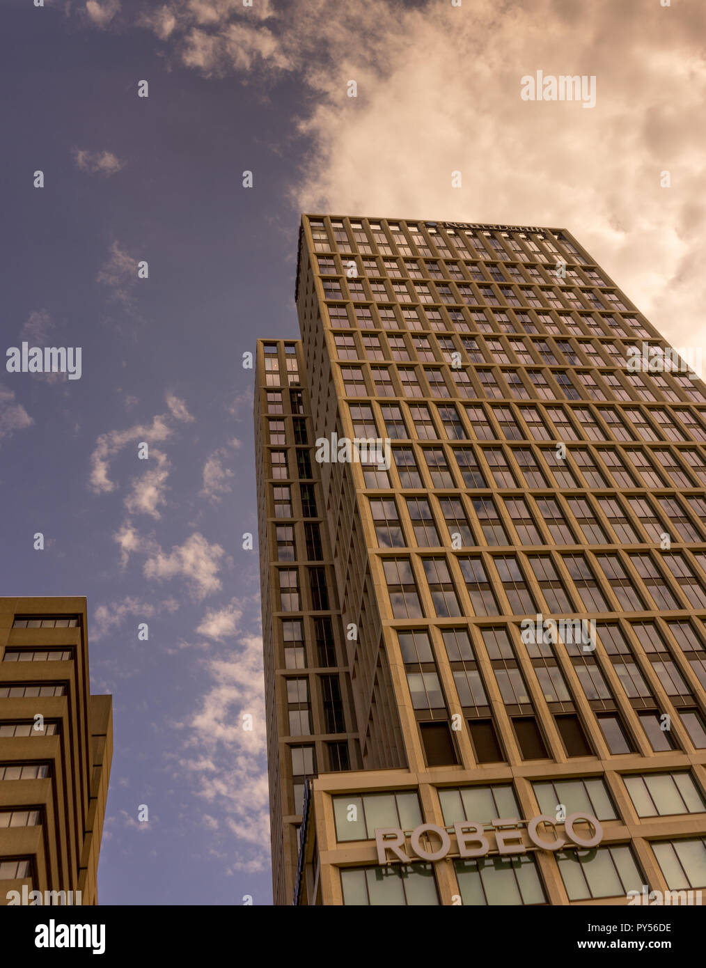 Rotterdam, Netherlands - 27 May: Tall glass Robeco building at ...
