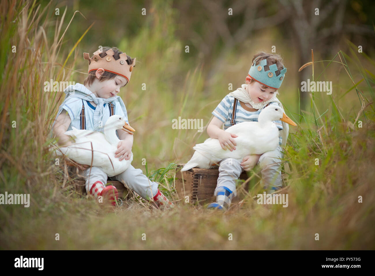 2 Boys playing in field, dressed as kings Stock Photo - Alamy