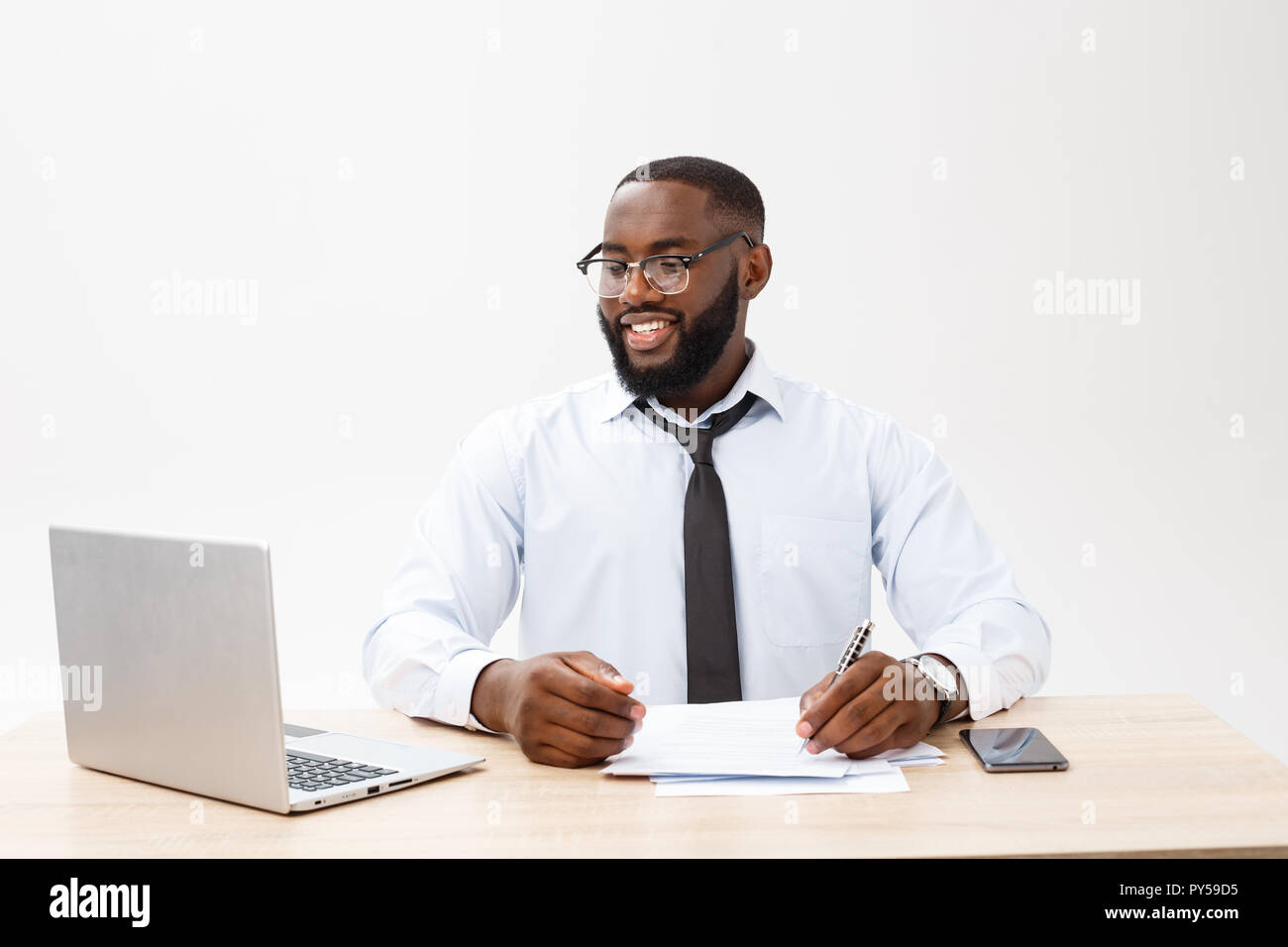 Cheerful big smile from happy executive office workplace isolate over ...