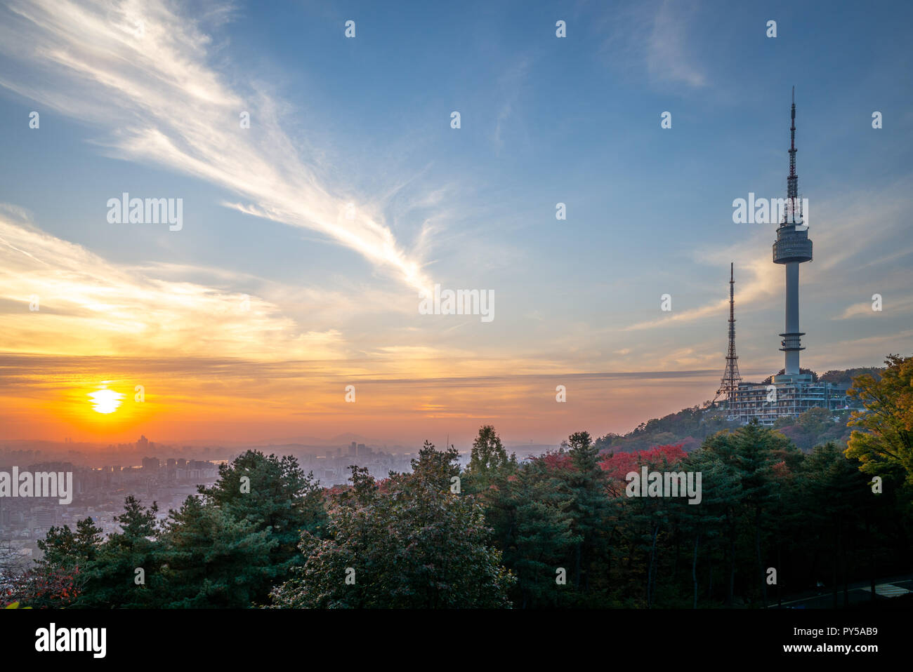seoul tower and city wall in seoul, south korea Stock Photo - Alamy