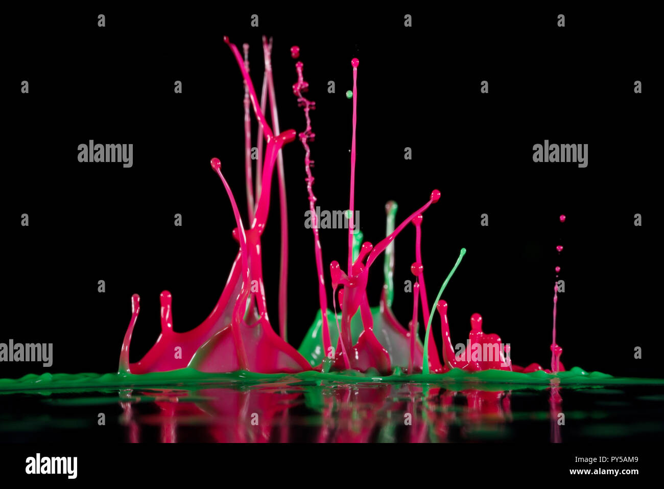 Abstract sculptures of colorful splashes of paint. Dancing liquid on a ...