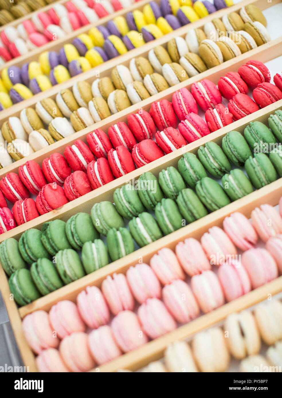 Colourful macaroons on display on a food stall in Bristol, UK Stock ...