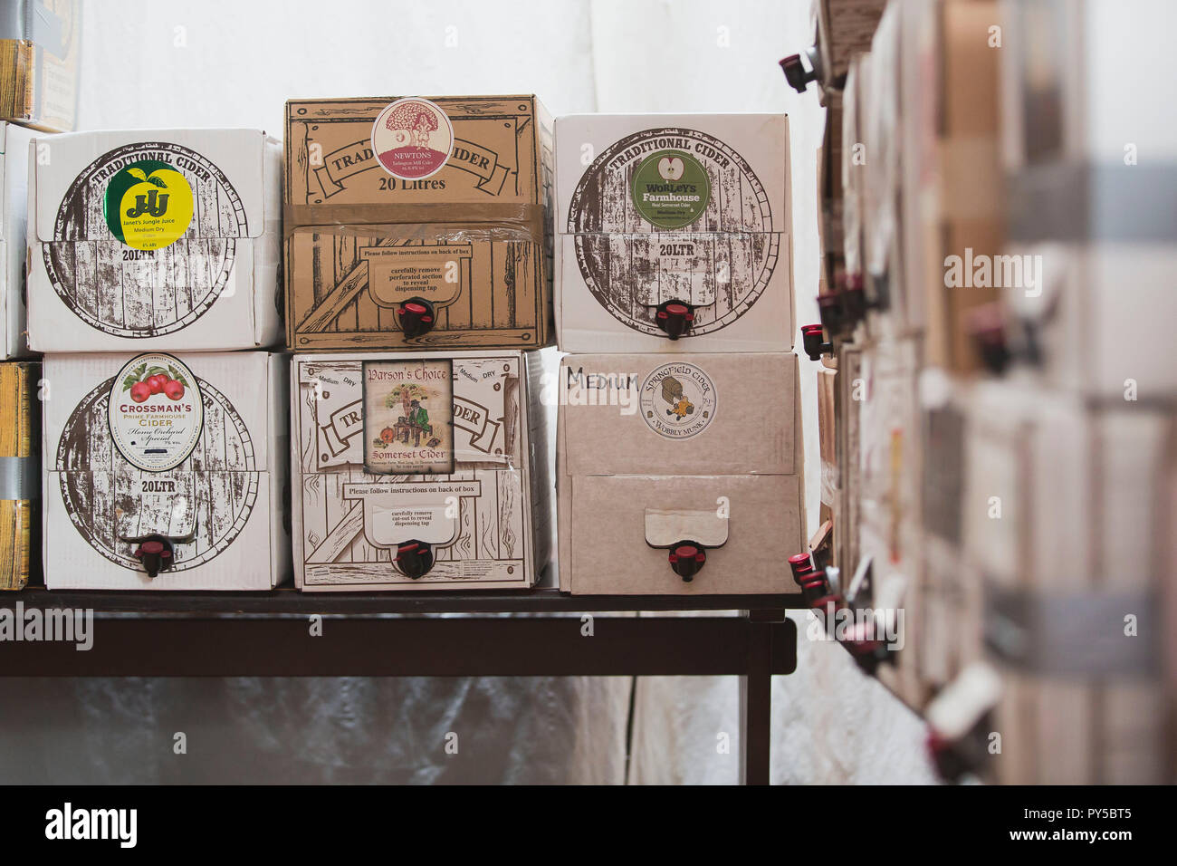 Boxes of cider on display at a food and drink festival in Bristol, UK ...
