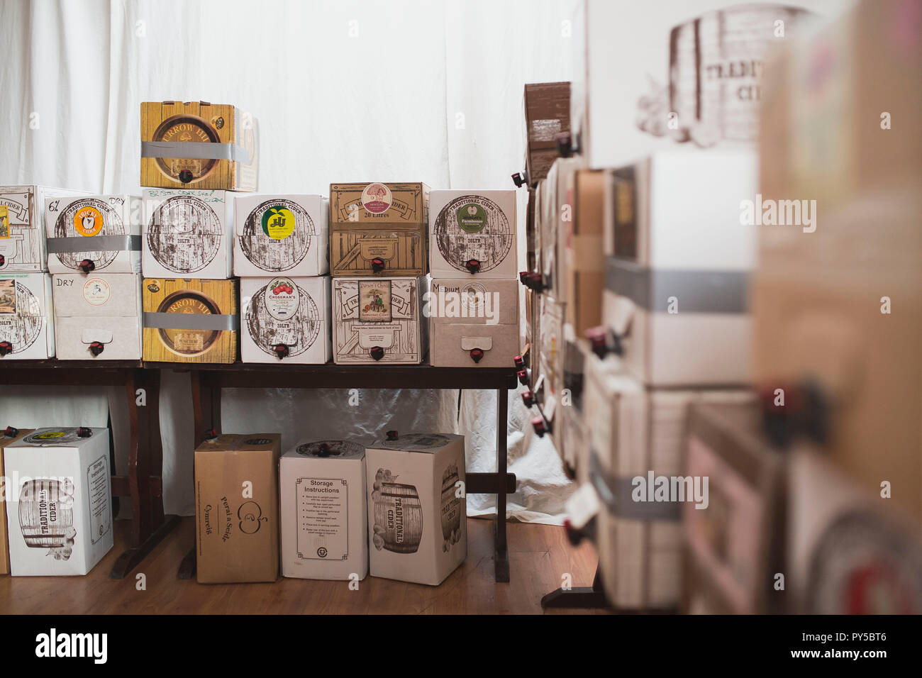 Boxes of cider on display at a food and drink festival in Bristol, UK ...