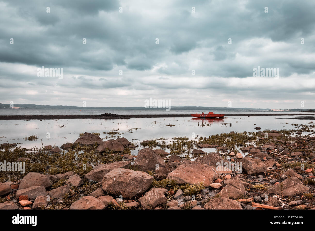 Emergency rowing boat with white Italian lettering "rescue" on the ...