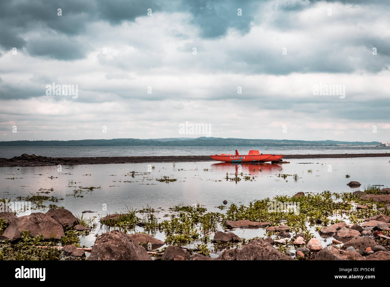 Emergency rowing boat with white Italian lettering "rescue" on the ...