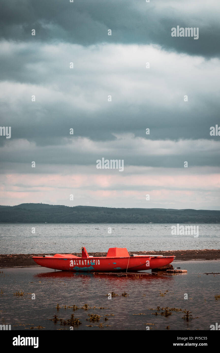 Emergency rowing boat with white Italian lettering "rescue" on the ...