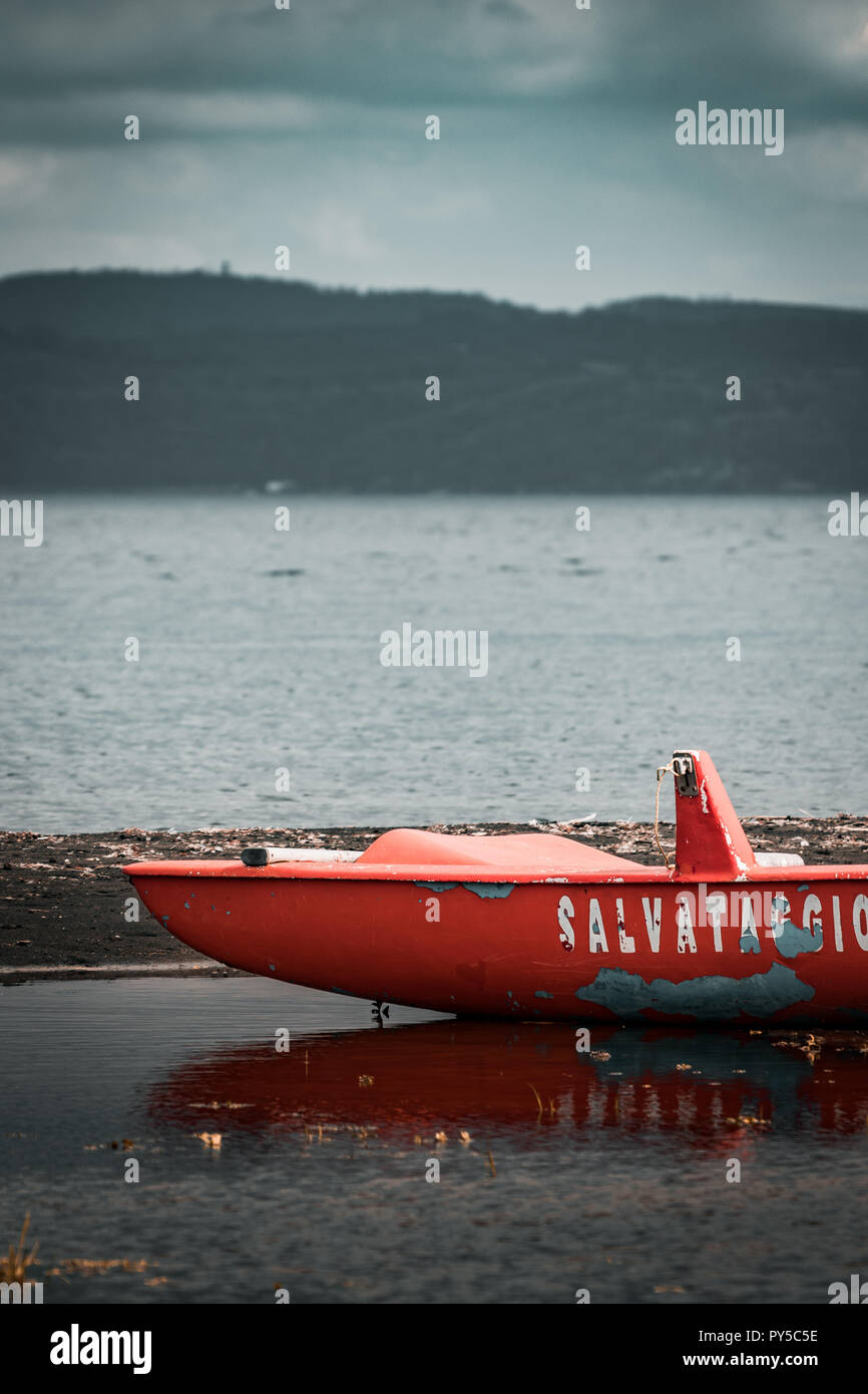 Emergency rowing boat with white Italian lettering "rescue" on the ...