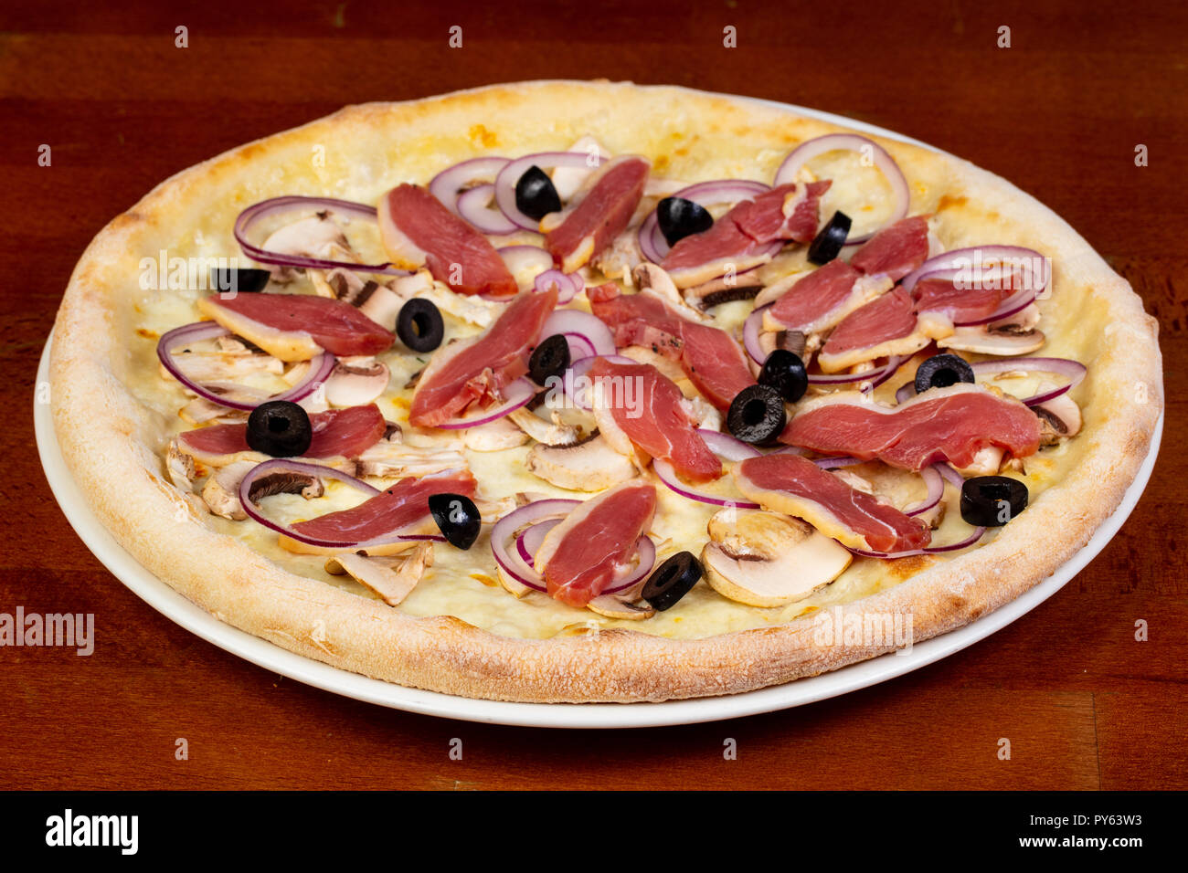 Pizza with duck and mushroom Stock Photo - Alamy