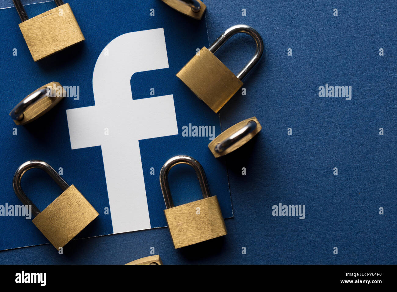 LONDON, UK - OCTOBER 25th 2018: Facebook data security concept. A set ...