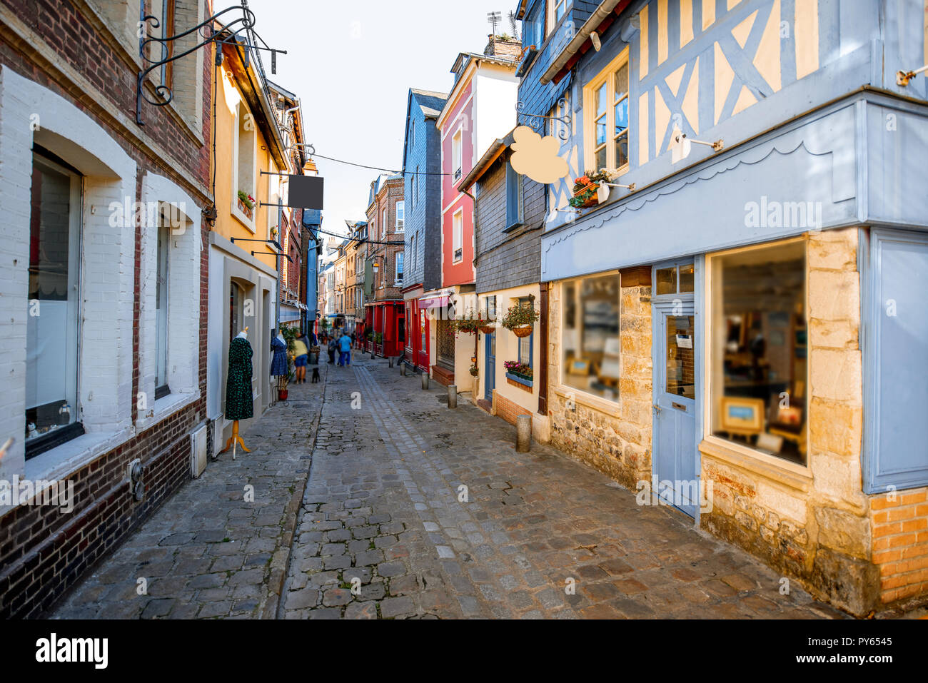 Street view with ancient wooden buildings in Honfleur, famous french ...