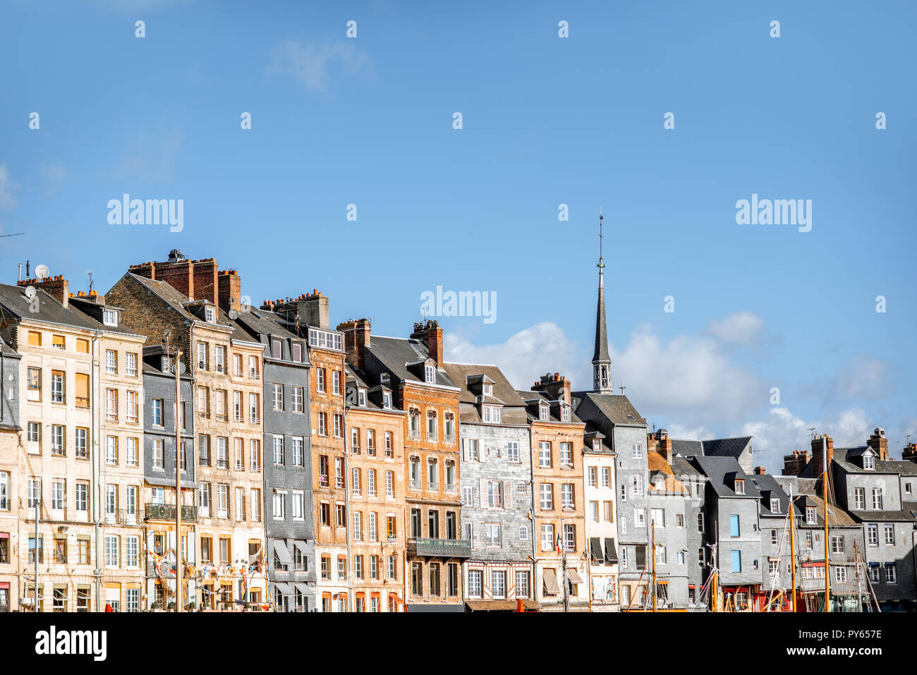 Waterfront with beautiful old buildings in Honfleur, famous french town ...