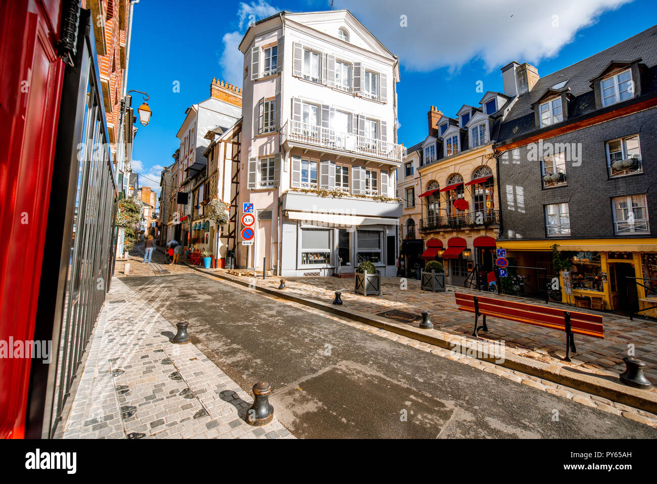 Street view with beautiful old buildings in Honfleur, famous french ...