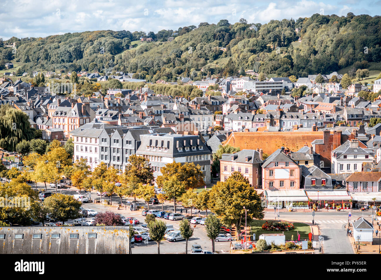 Aerial view on the port and old town of Honfleur, famous french city in ...