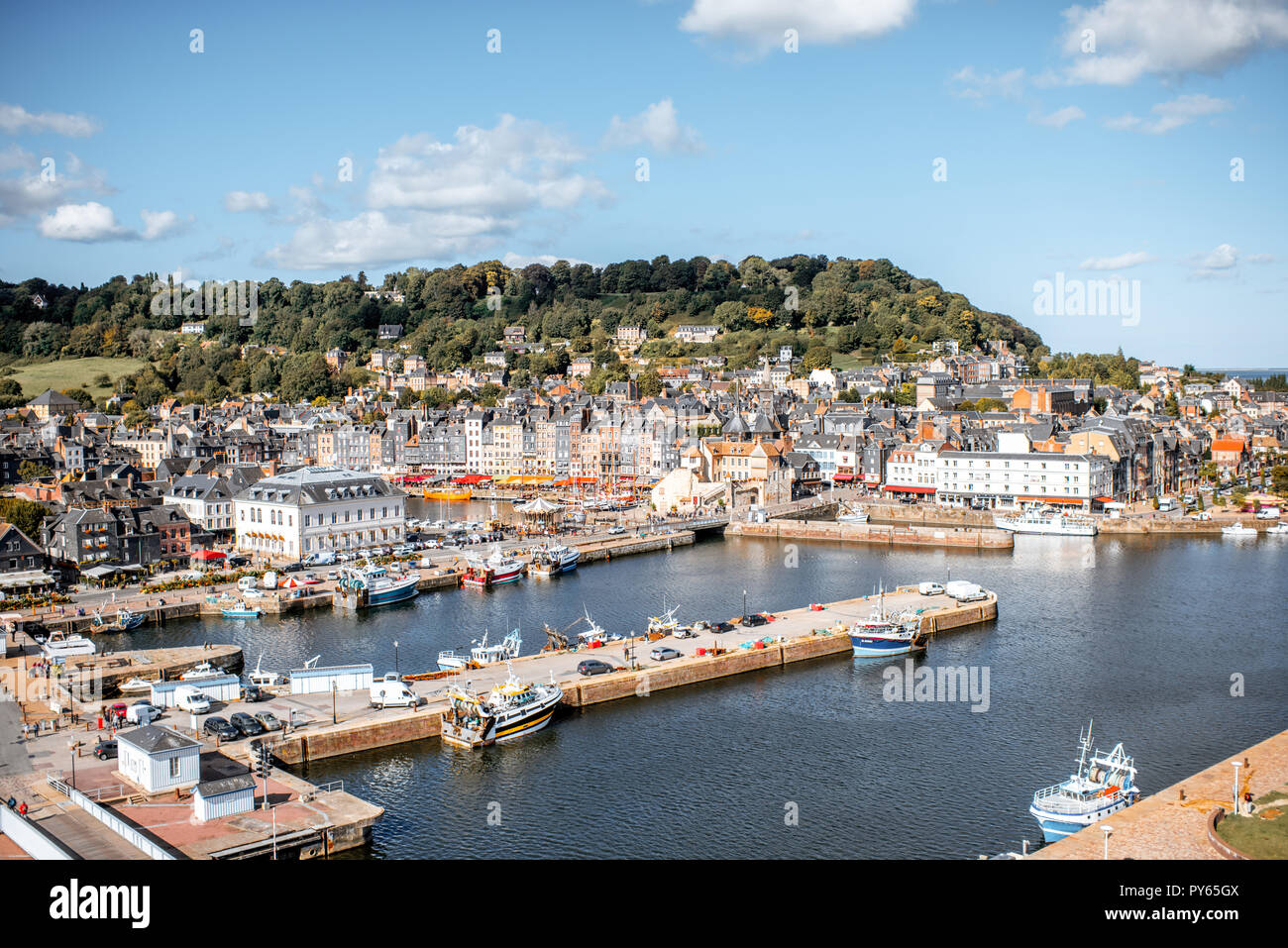 Aerial view on the port and old town of Honfleur, famous french city in ...