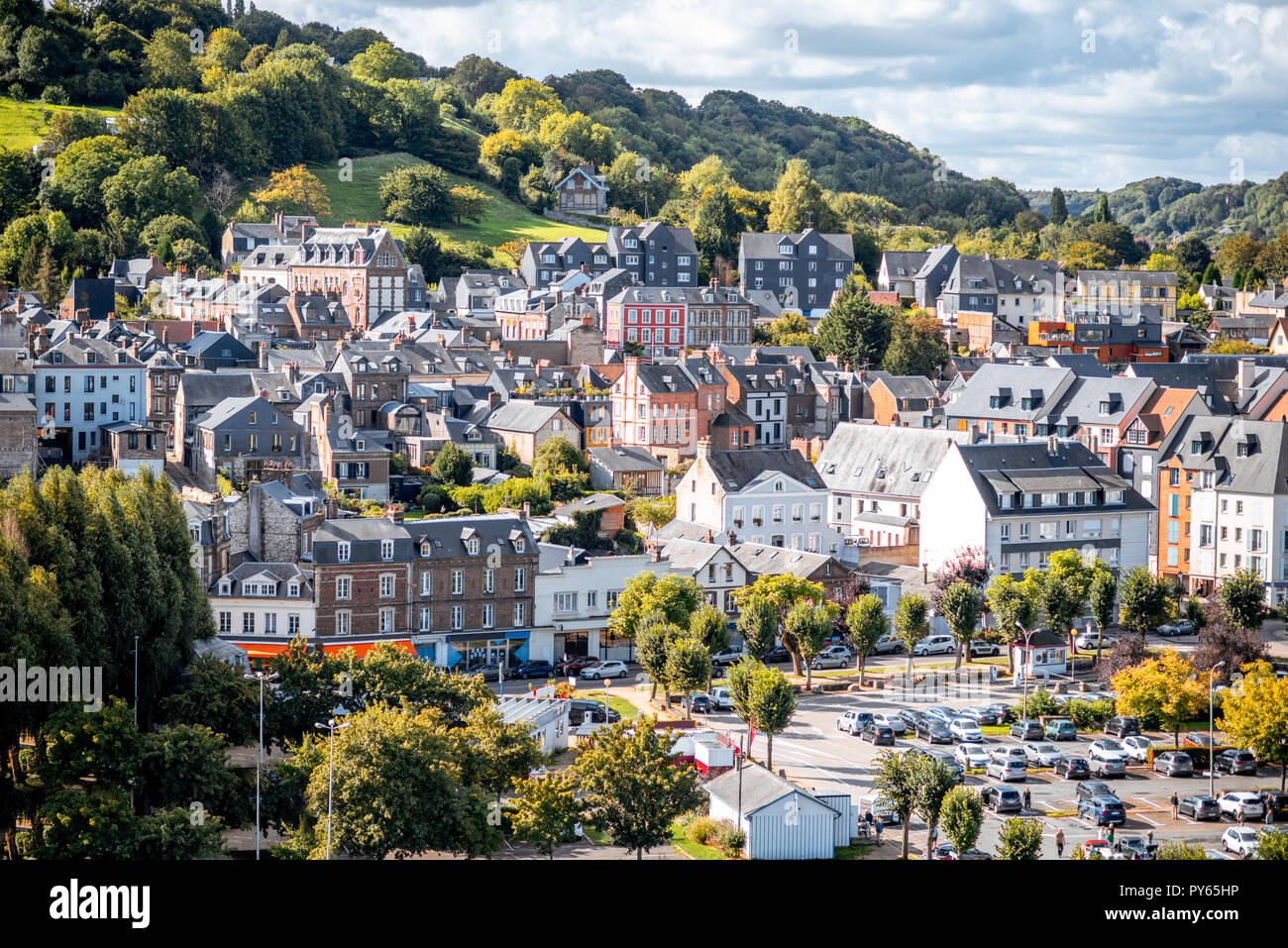 Aerial view on the hill and old buildings in Honfleur, famous french ...