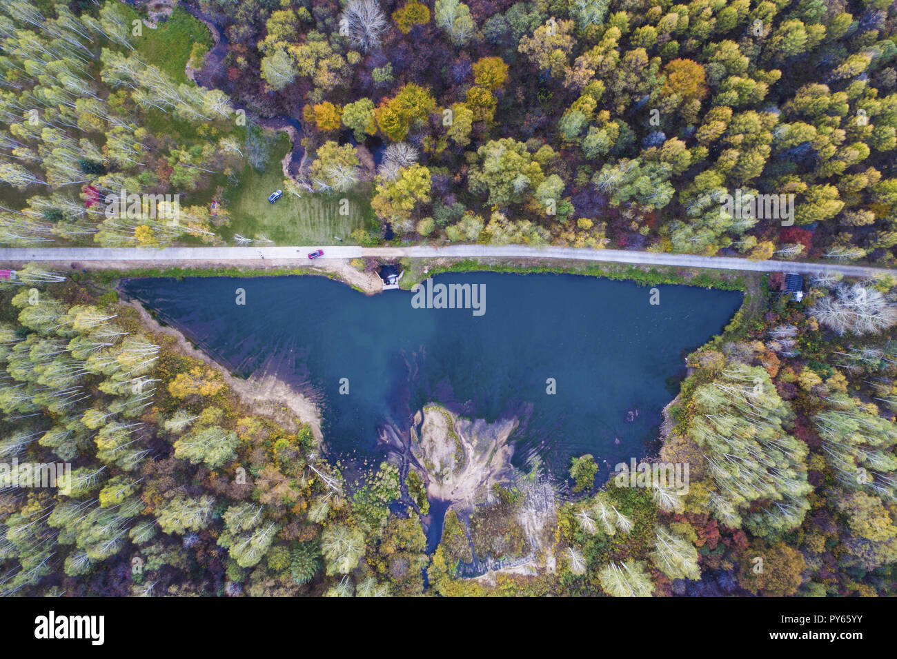 Birds eye view of the lake in the middle of the forest Stock Photo - Alamy