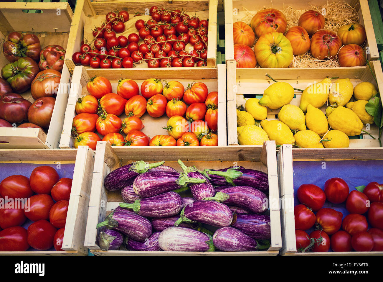Fresh organic fruits and vegetables. Old farmer market vintage wood ...