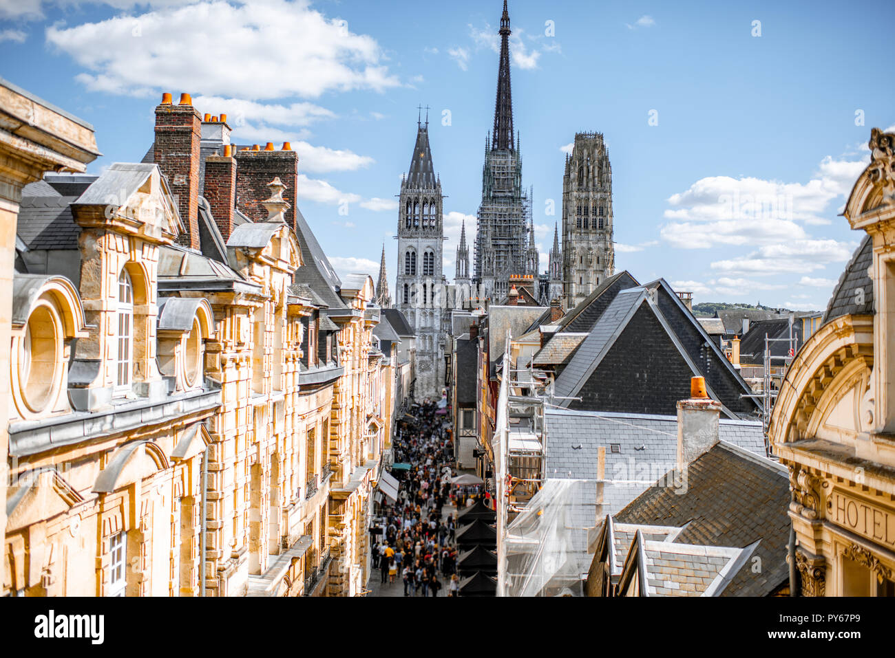 Aerial citysape view of Rouen with famous cathedral during the sunny ...