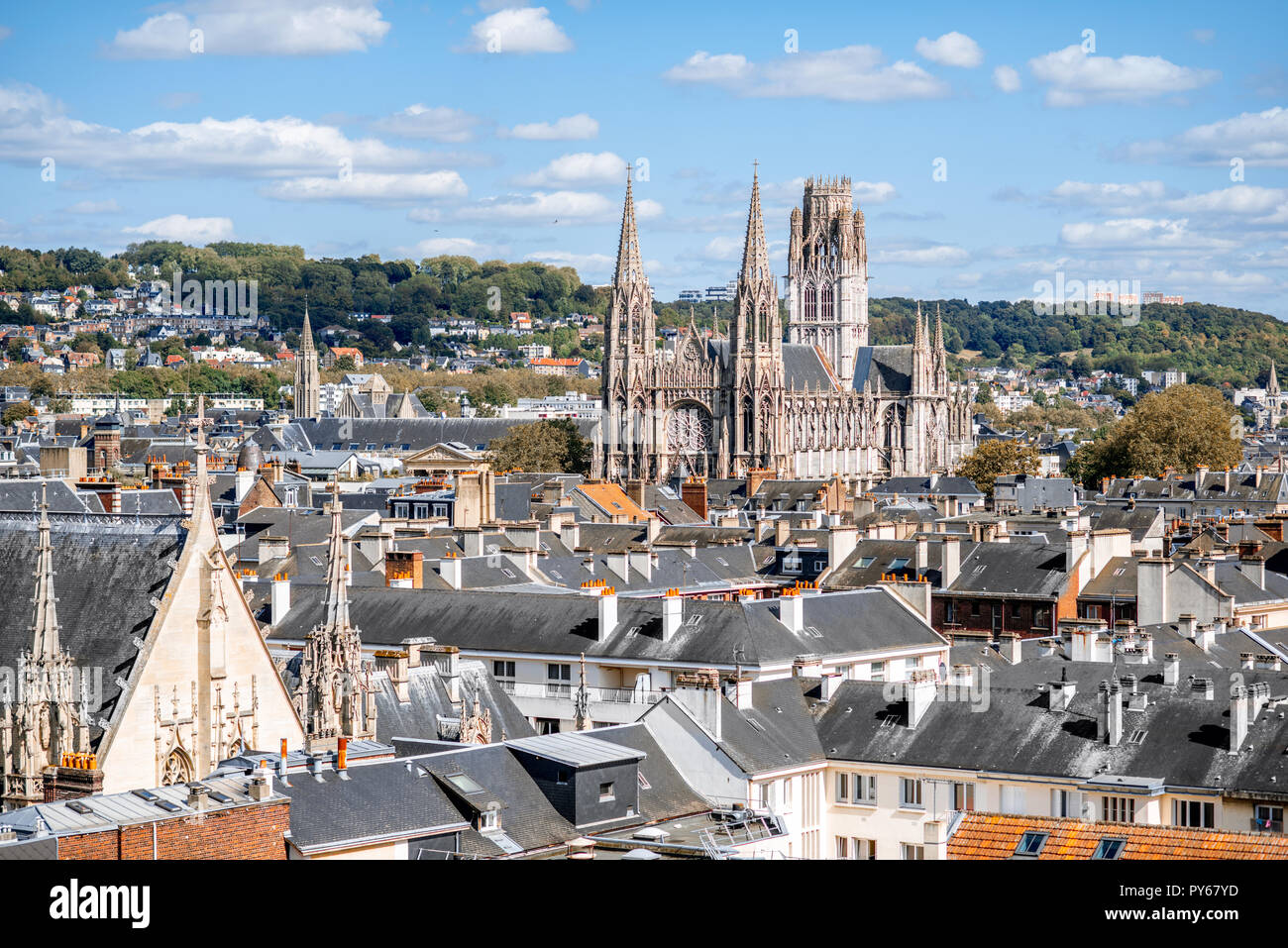 Aerial citysape view of Rouen with saint Queen cathedral during the ...