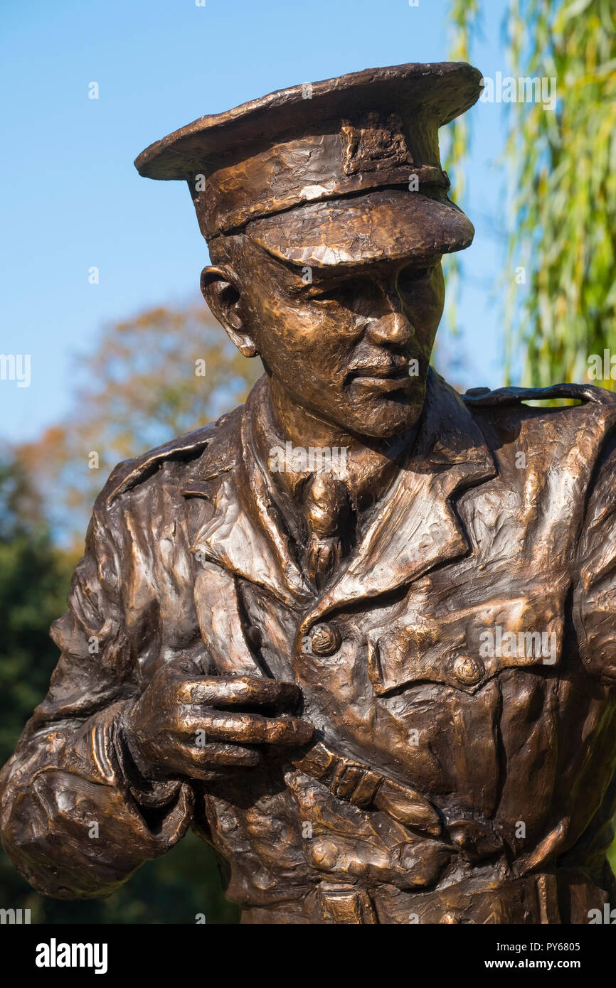Statue of World War One poet Wilfred Owen by artist Tim Turner in Cae Glas Park, Oswestry ...
