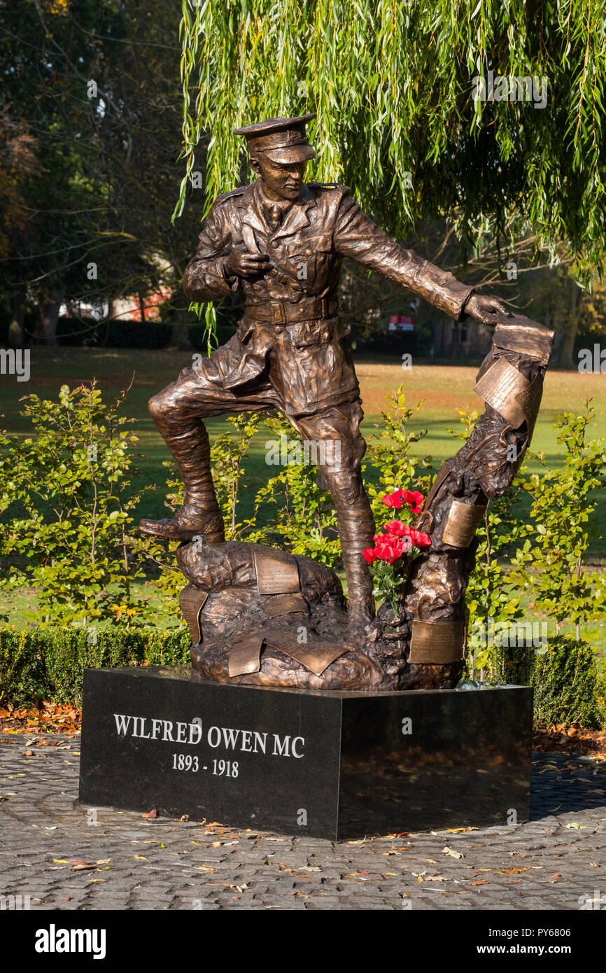 Statue of World War One poet Wilfred Owen by artist Tim Turner in Cae Glas Park, Oswestry ...