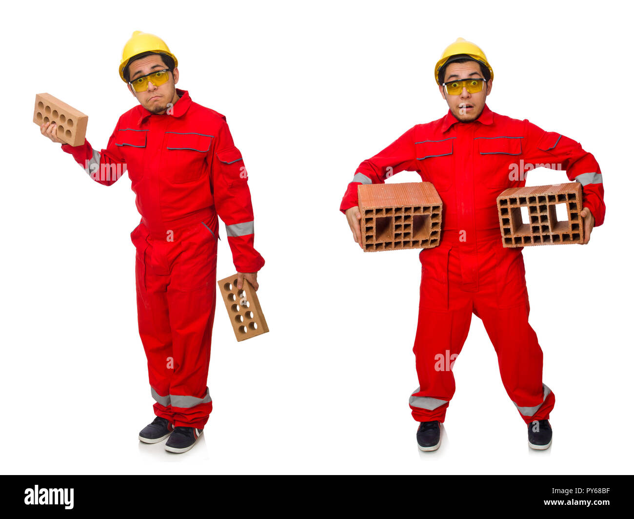Construction worker with clay bricks on white Stock Photo - Alamy