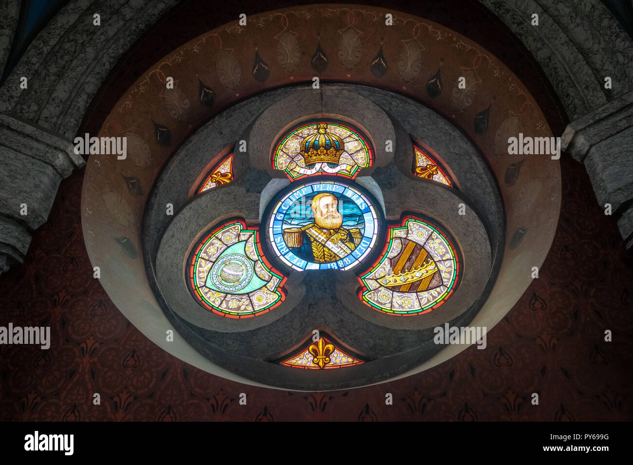 Stained glass window with the image of Emperor D. Pedro II at Fiscal ...