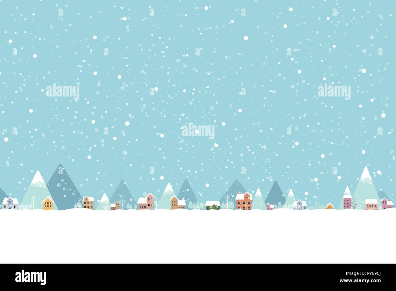 The town in the snow falling place flat color and simply design vector ...