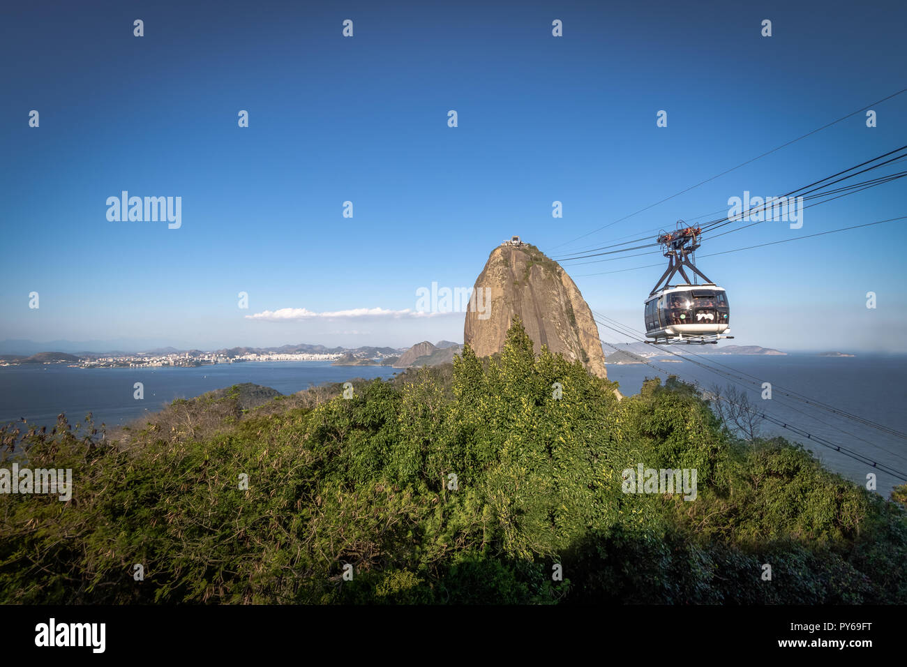 Sugar Loaf Mountain Cable Car and aerial view of Guanabara Bay from ...
