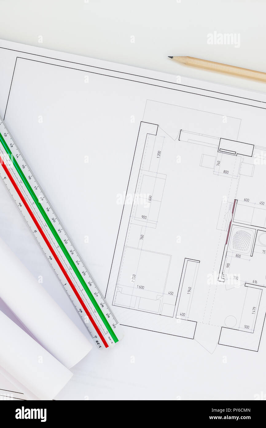 Creative flat lay overhead top view blueprints architectural flat ...