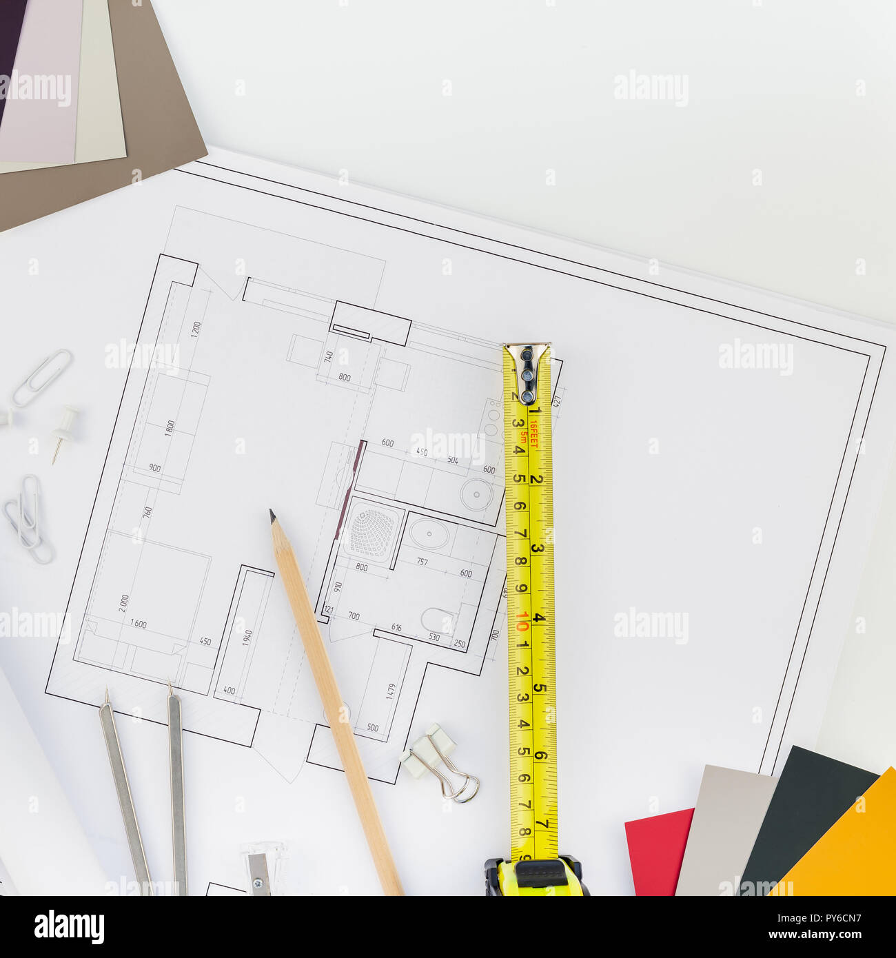 Creative flat lay overhead top view blueprints architectural flat ...