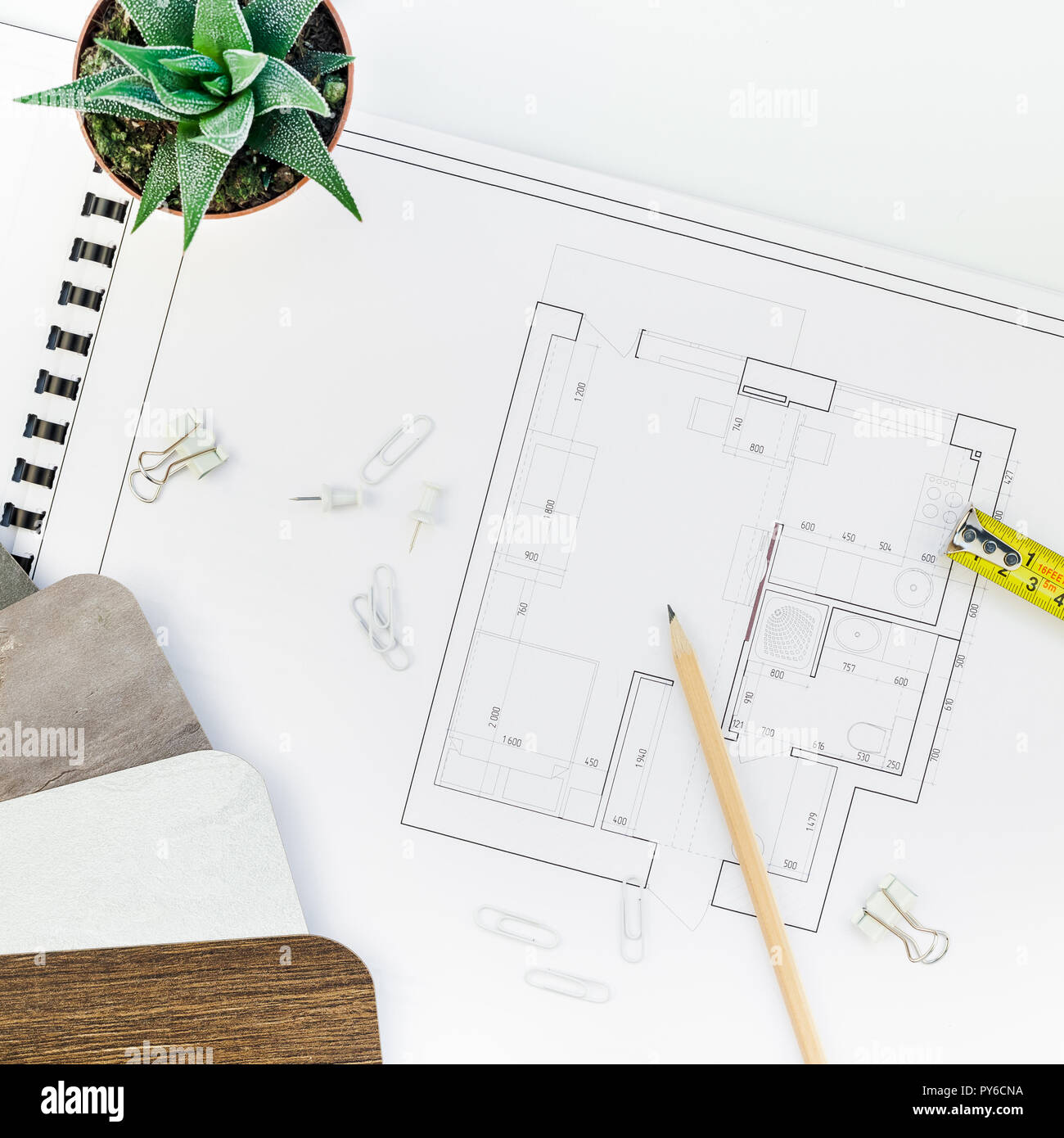 Creative flat lay overhead top view blueprints architectural flat ...