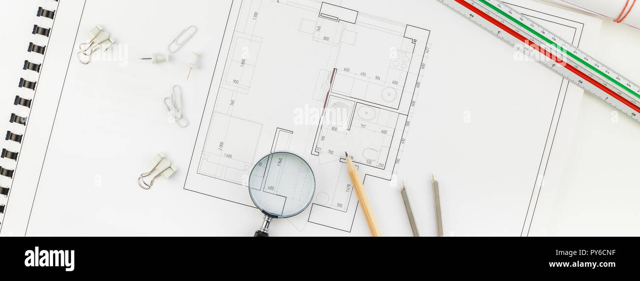 Creative flat lay long wide banner top view blueprints architectural ...