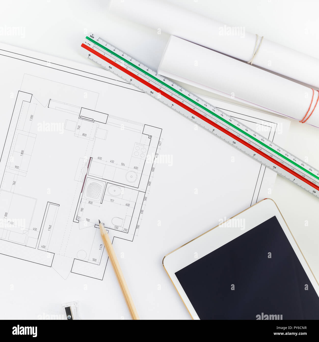 Creative flat lay overhead top view blueprints architectural flat ...