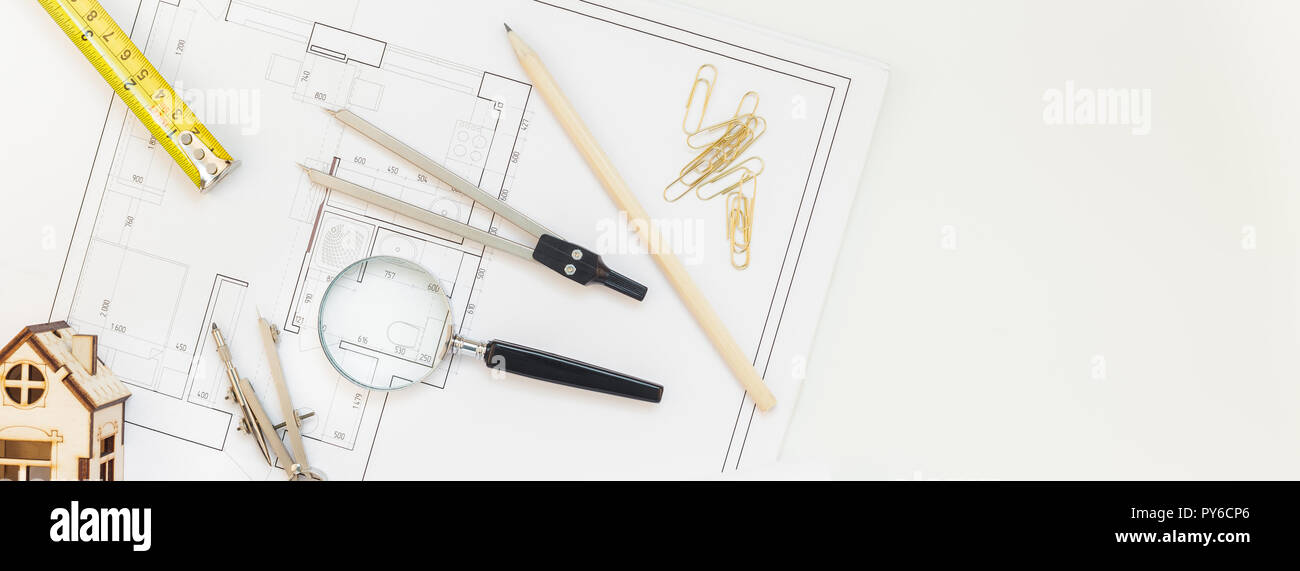 Creative flat lay long wide banner top view blueprints architectural ...