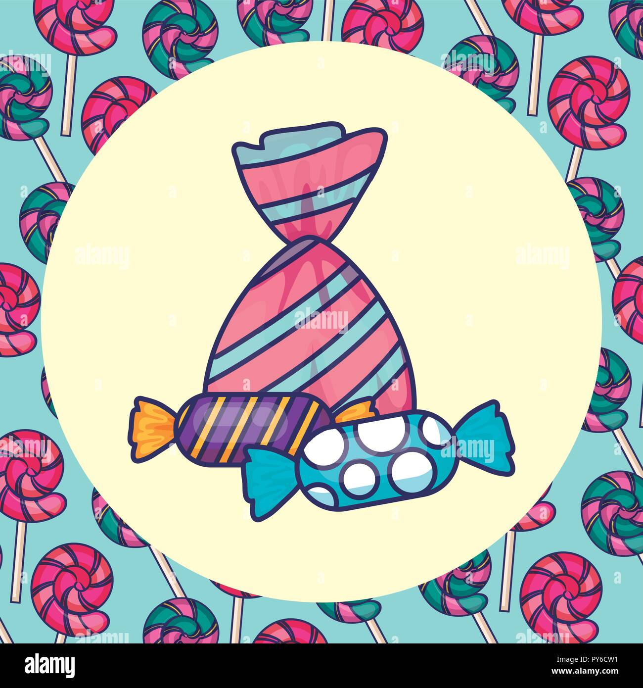 candy bag and candies over yellow circle and candies background ...