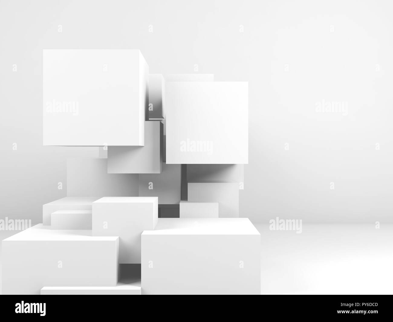 Abstract background with white random structure of cubes in empty ...