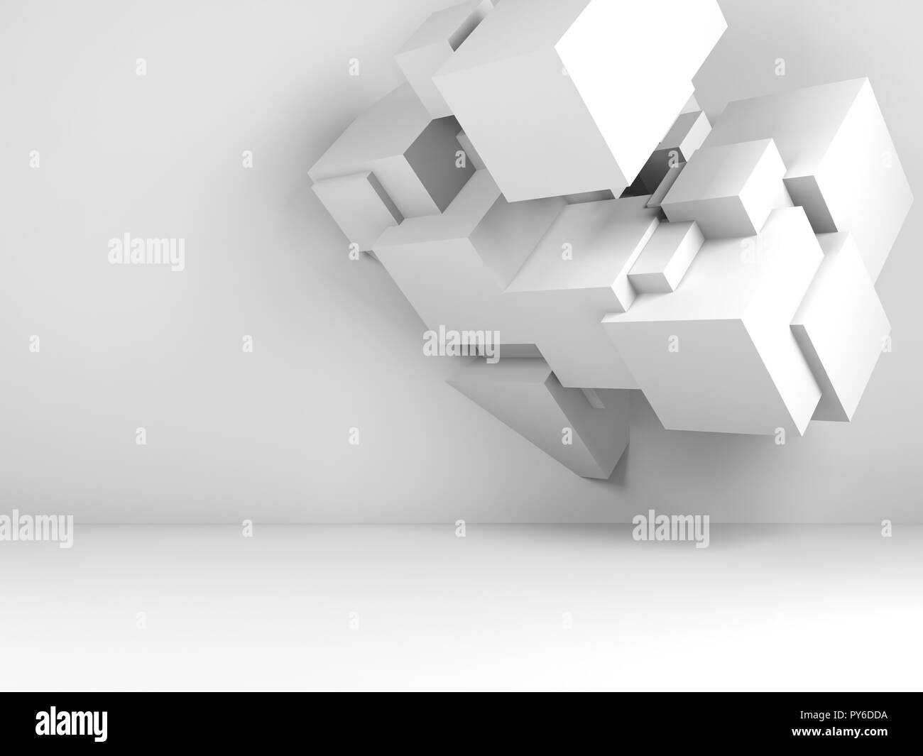 Installation of random cubes structure in empty room interior. Abstract ...