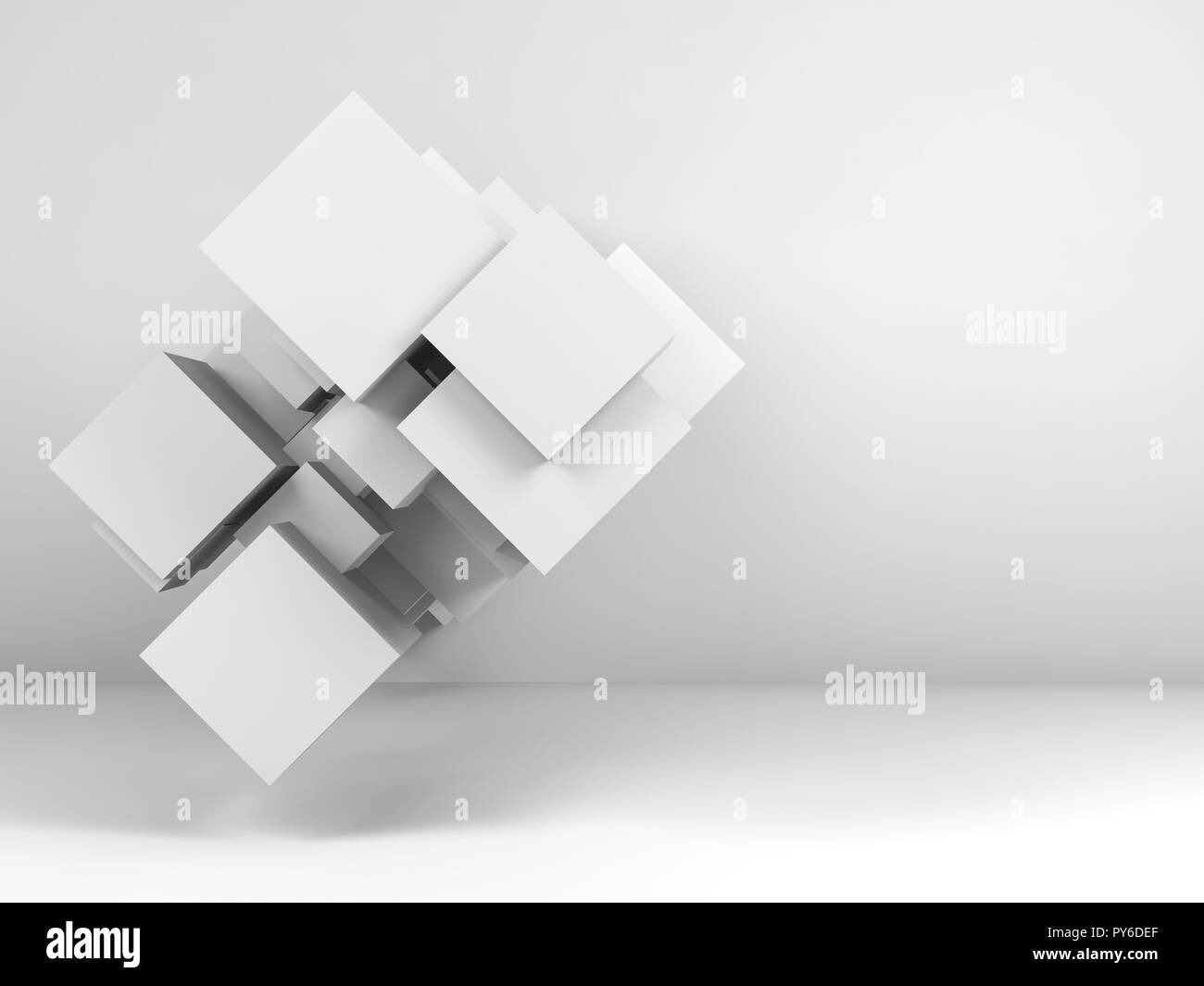 Abstract white background with random structure of cubes in empty ...