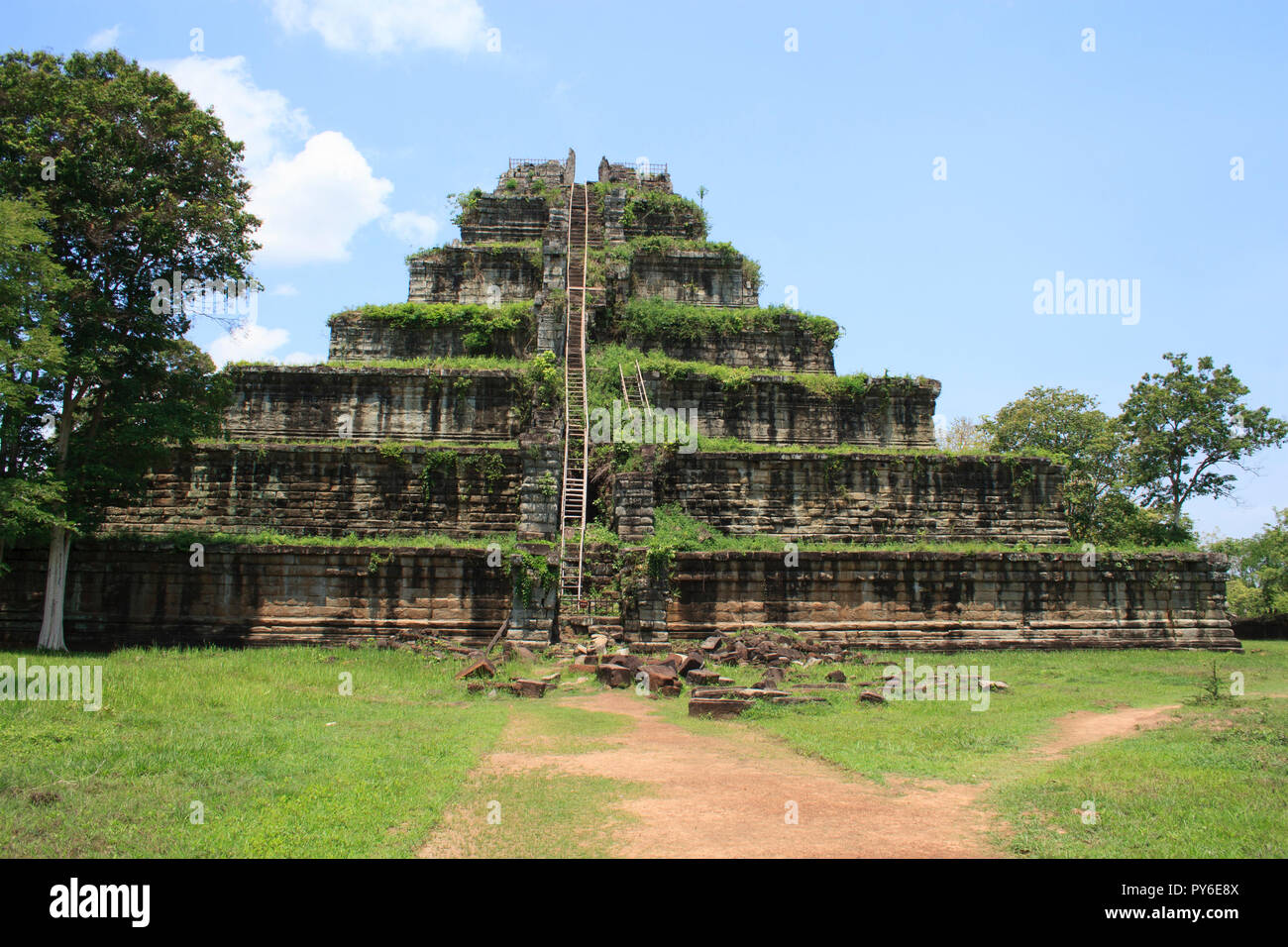 Ancient khmer pyramid in Koh Kher, Cambodia with blue sky and clouds ...