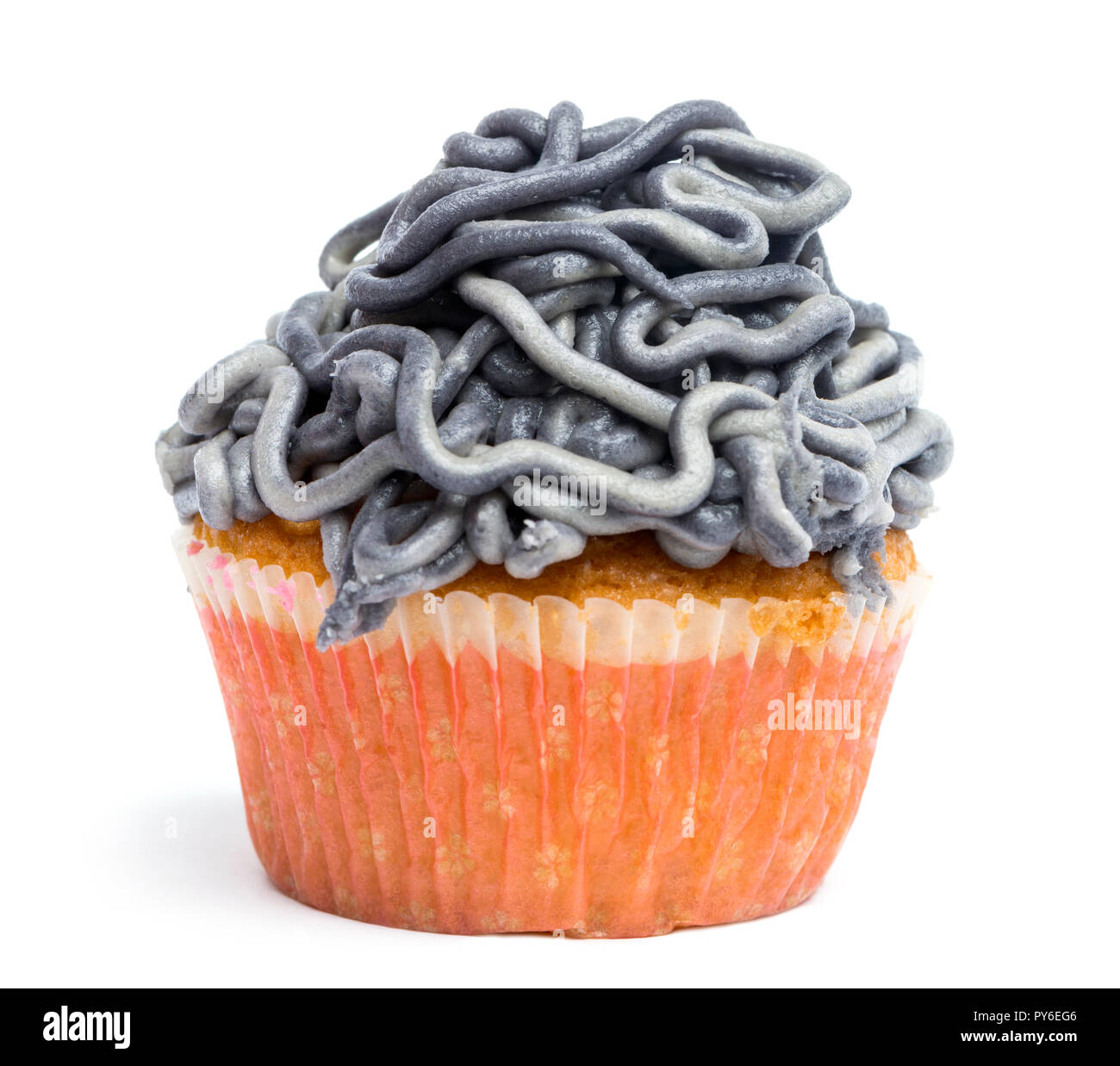 Cupcake with gray icing against white background in front of white ...