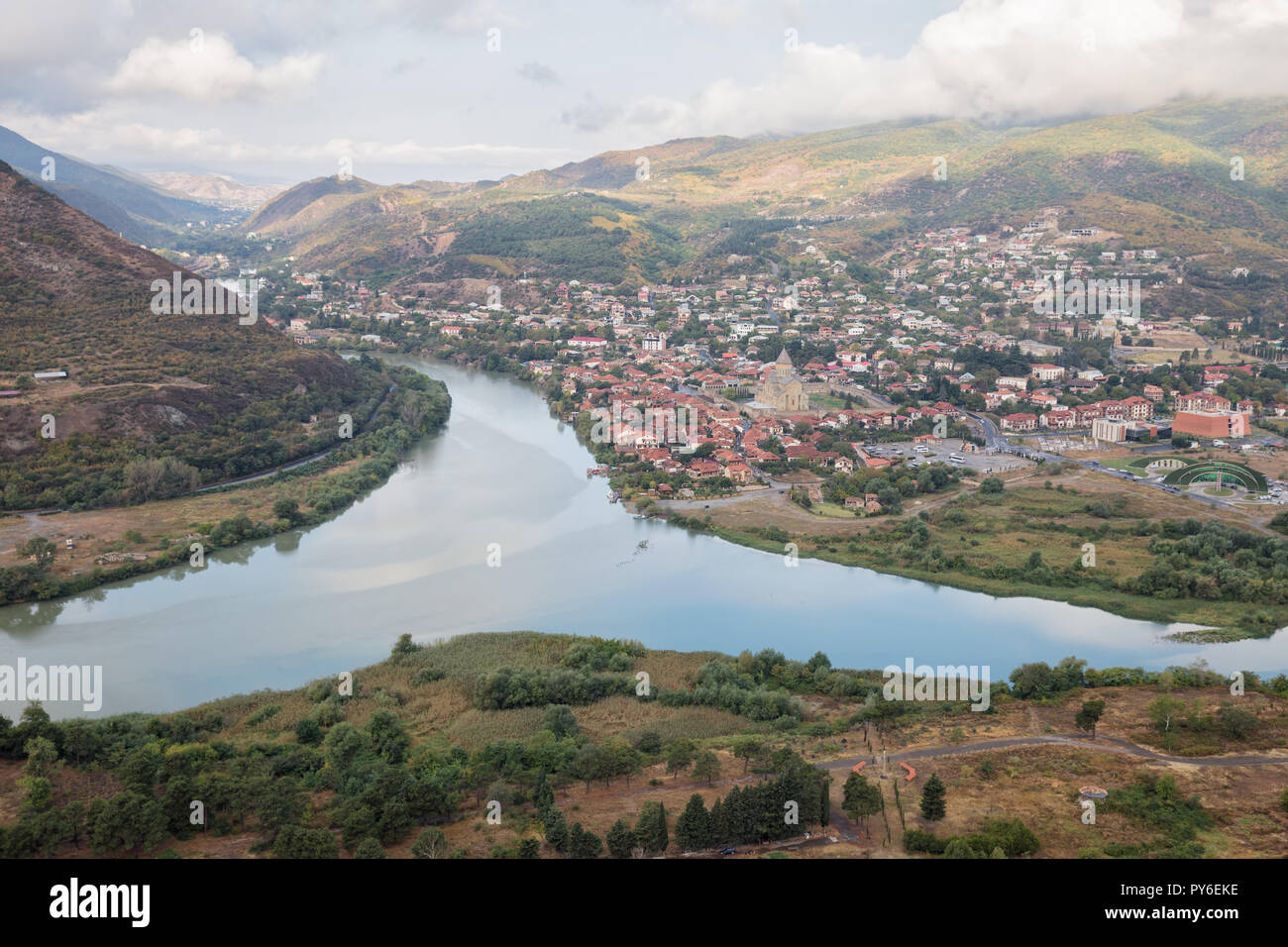 Beautiful view from Jvari Monastery to confluence of Aragvi and Kura ...