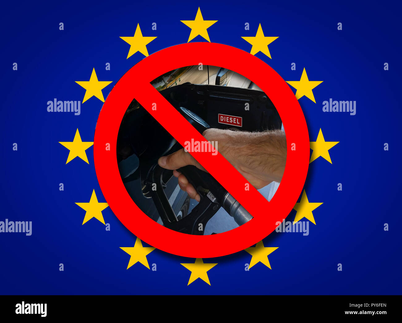European union flag and Diesel car Prohibition sign. Symbolizing the ...